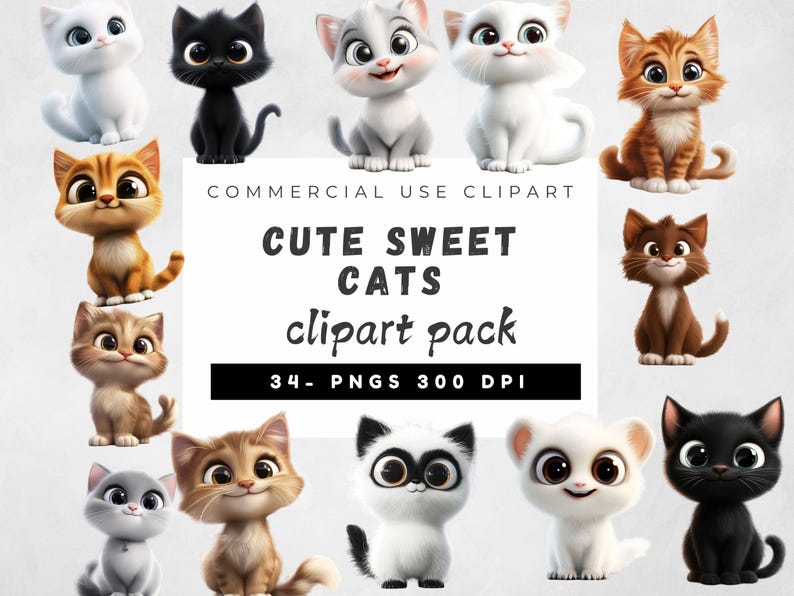 My Sweet Cats Clipart, Cute Kitten Png Bundle, Adorable Cat Clipart ...