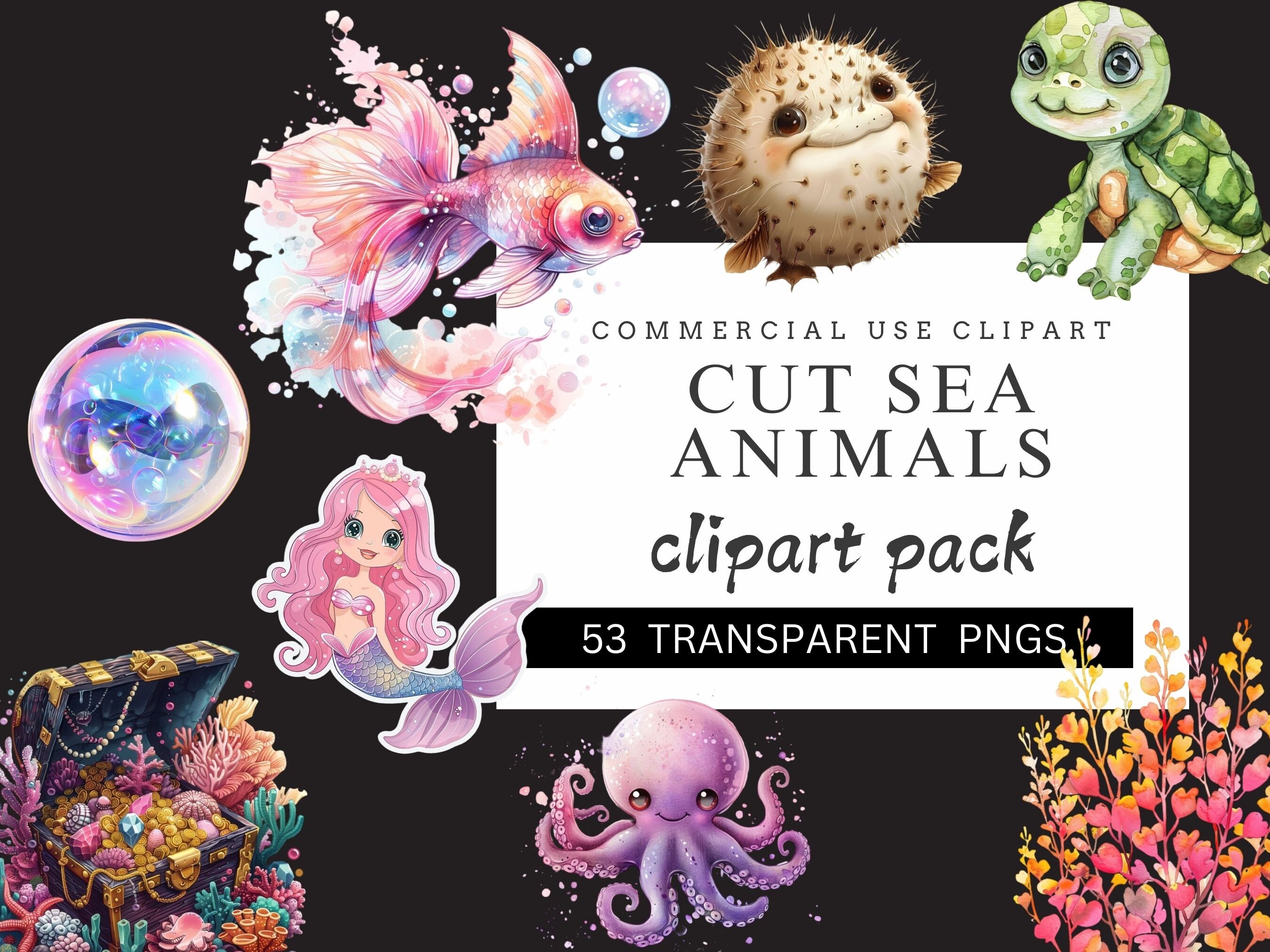 Watercolor Little Sea Animals Collection Clipart, 53 PNG Mermaid ...