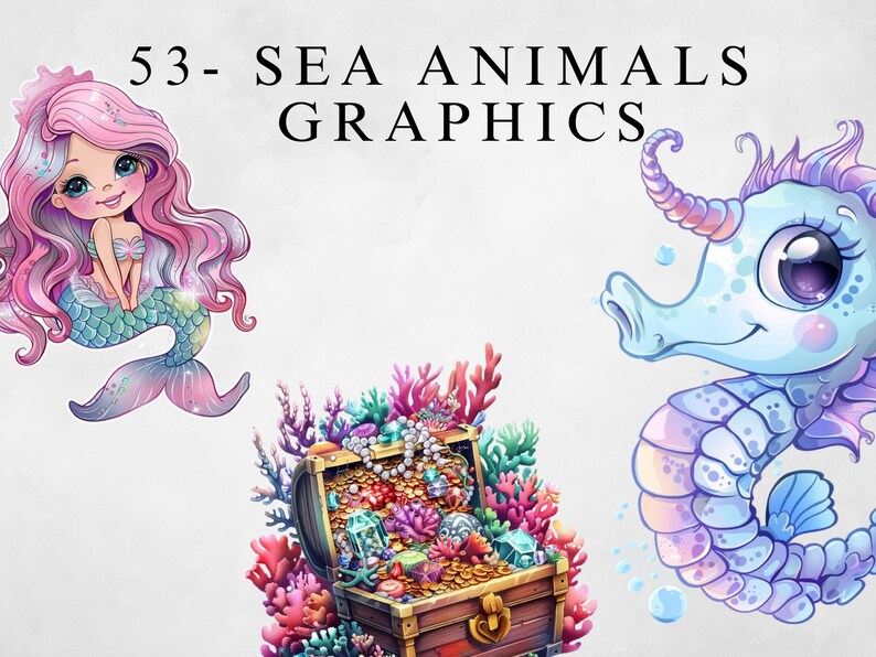 Watercolor Little Sea Animals Collection Clipart, 53 PNG Mermaid ...