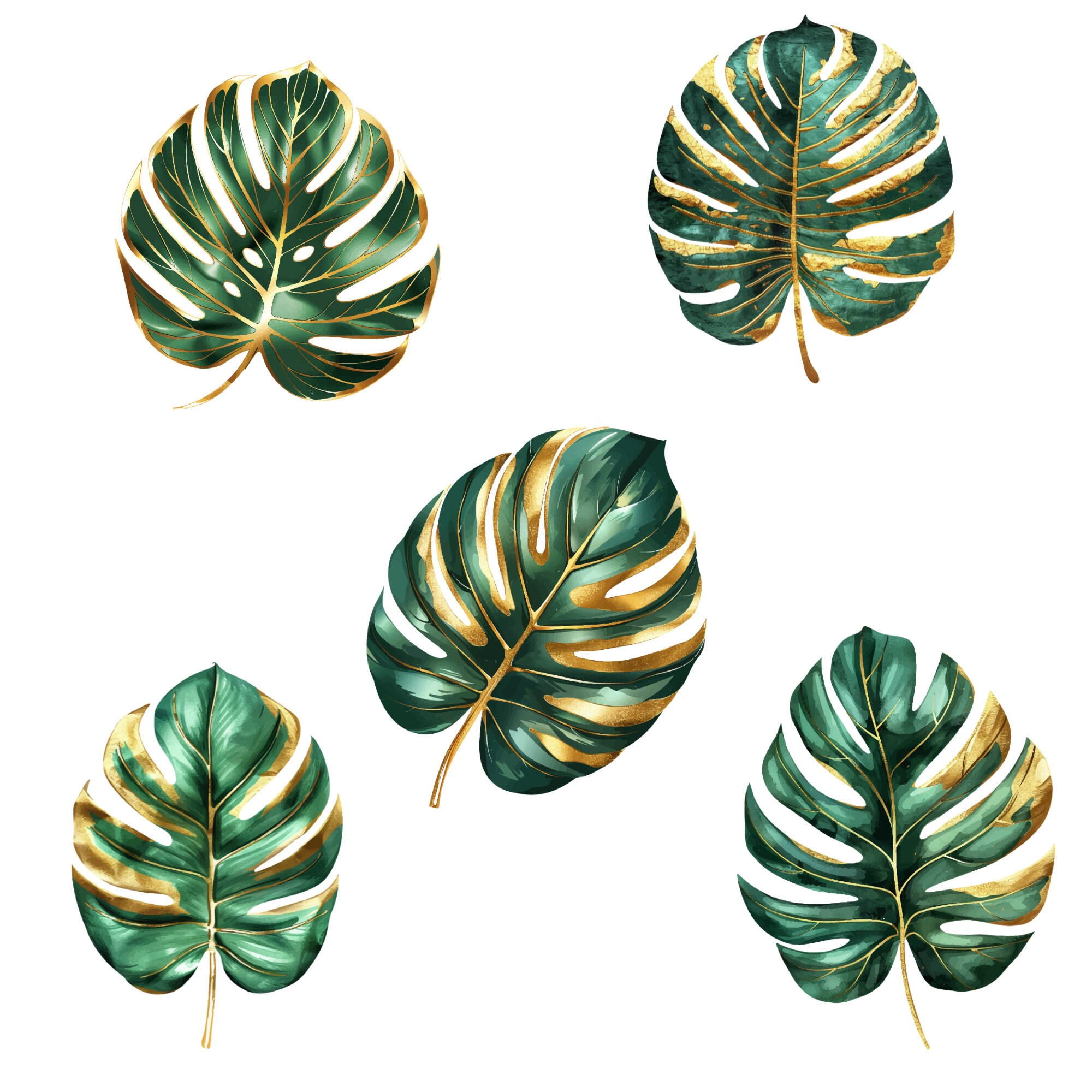 Green and Gold Tropical Leaves Clipart Bundle, Gold Foil Tropical Leaf ...
