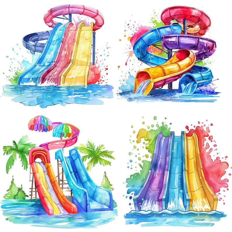 Watercolor Water Slide Clipart Bundle, Watercolor Waterslide Png, Water ...