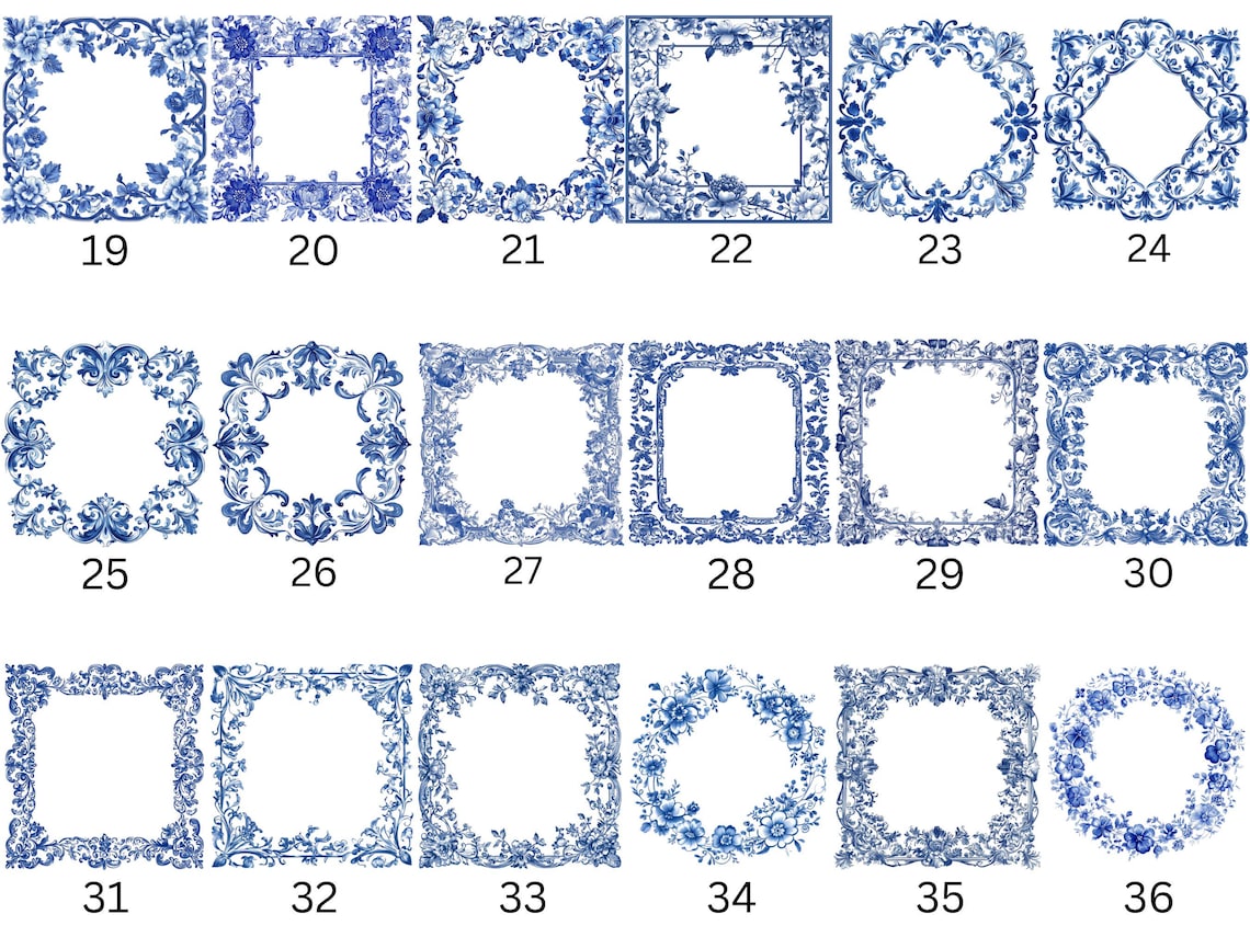 French Blue Frame Clipart Set, Floral Ornate Frame PNG, 117 Watercolor ...