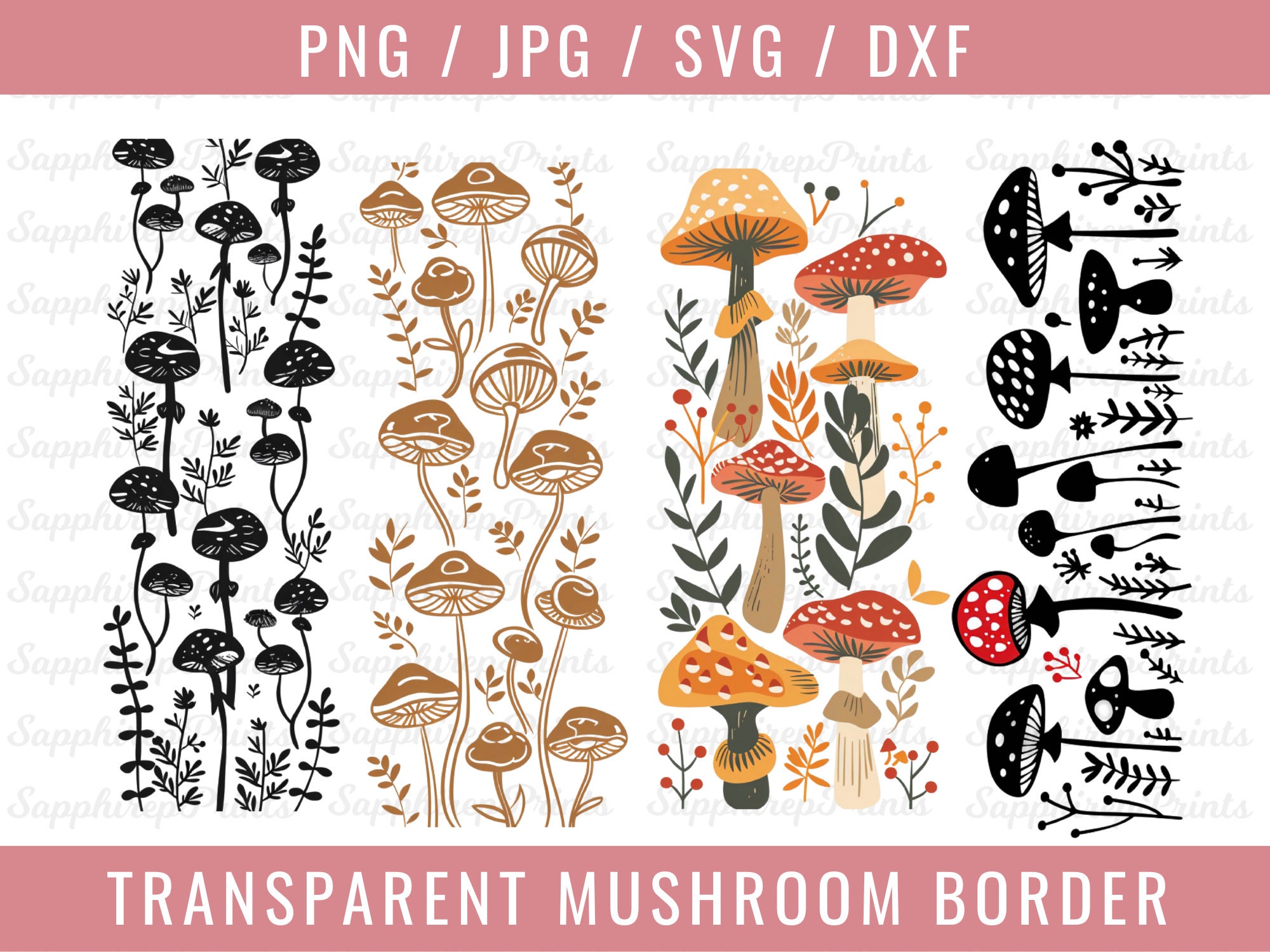 Mushrooms Border Svg Png Bundle of 5 Items, Mushroom Png, Mushroom ...