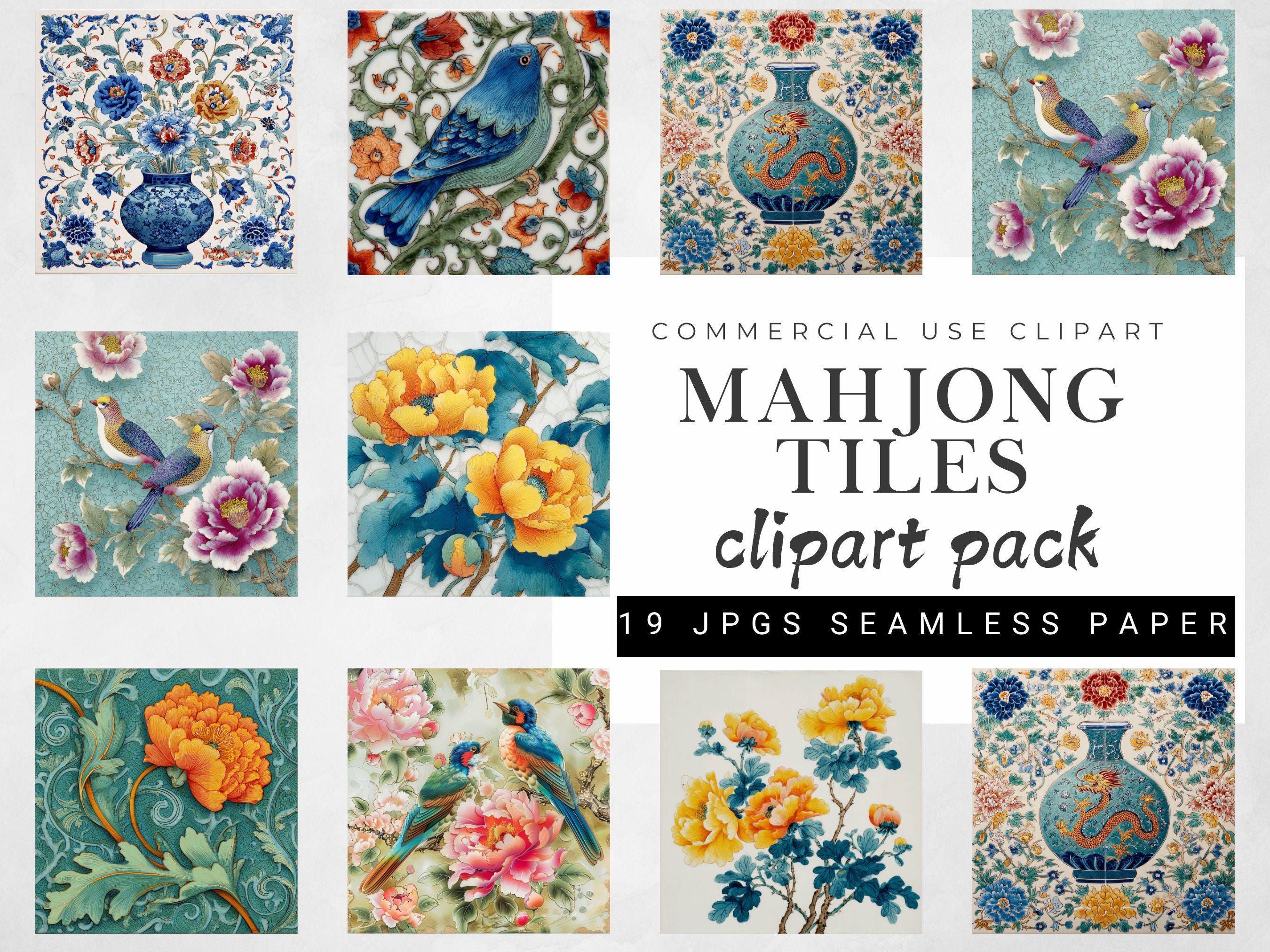 Mahjong Clipart PNG Bundle, Watercolor Mahjong Tiles & Floral ...