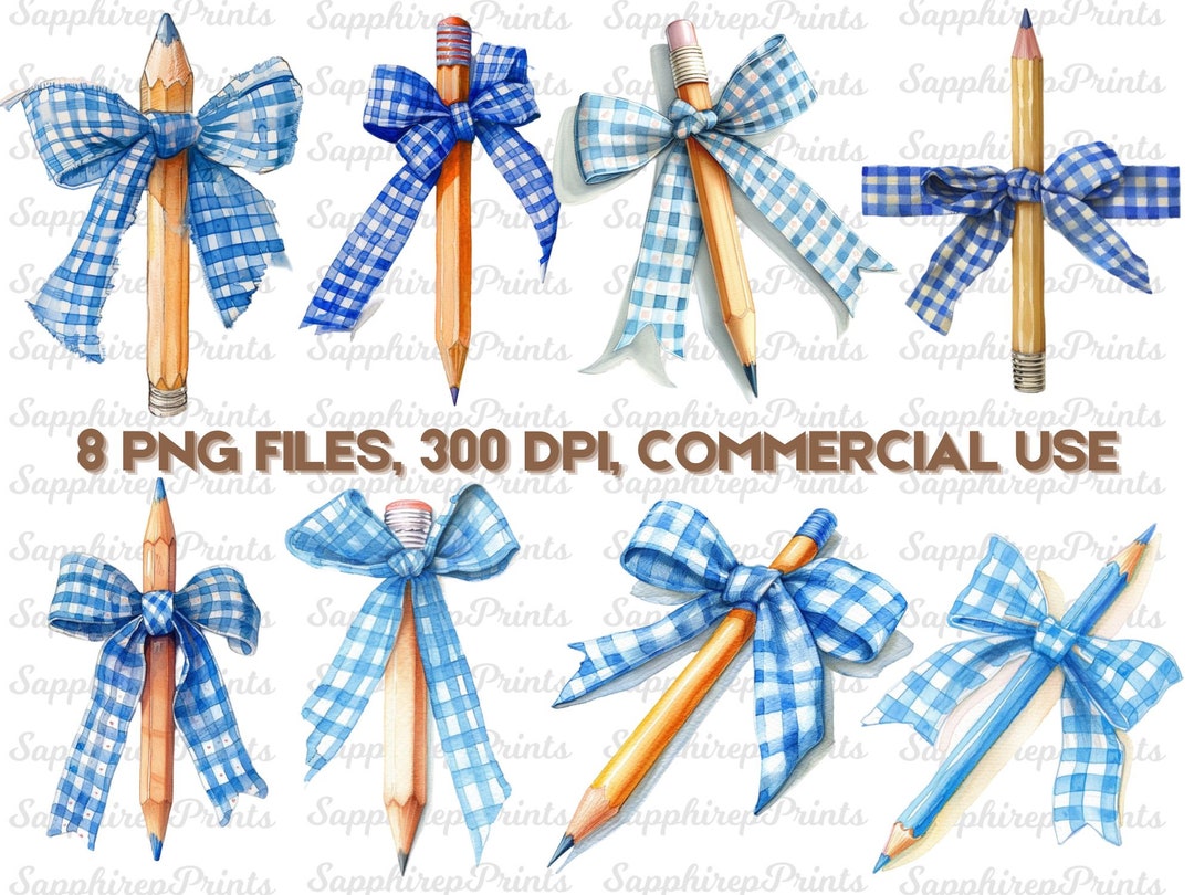 Watercolor Pencil Clipart Bundle With Blue Bow, Back to School PNG ...