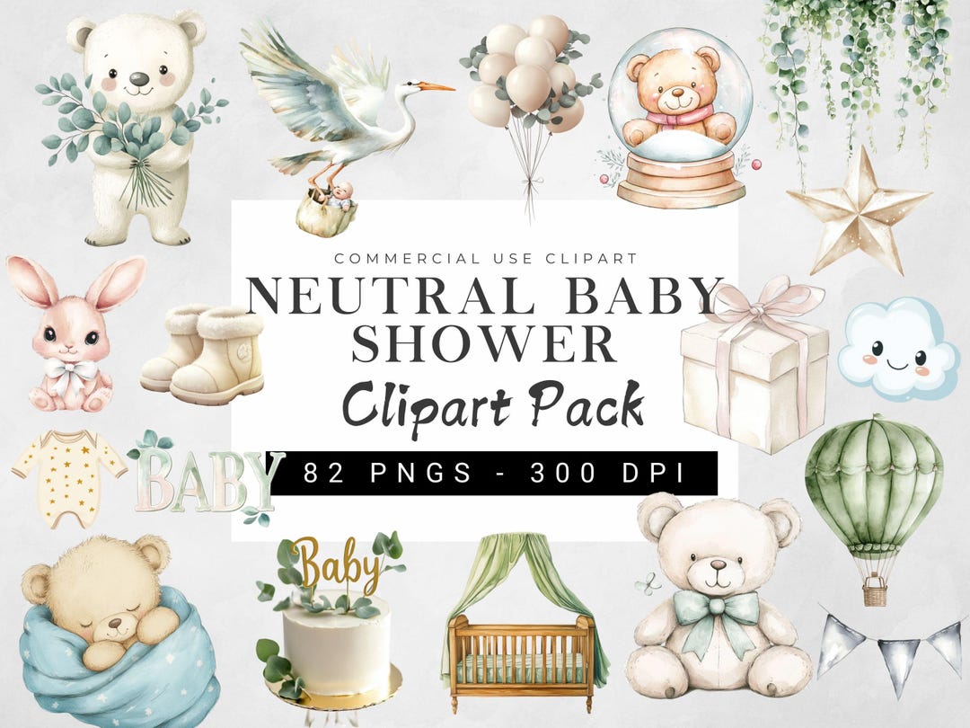 Baby Shower Clipart Bundle, Watercolour Neutral Baby Shower, Teddy Bear ...