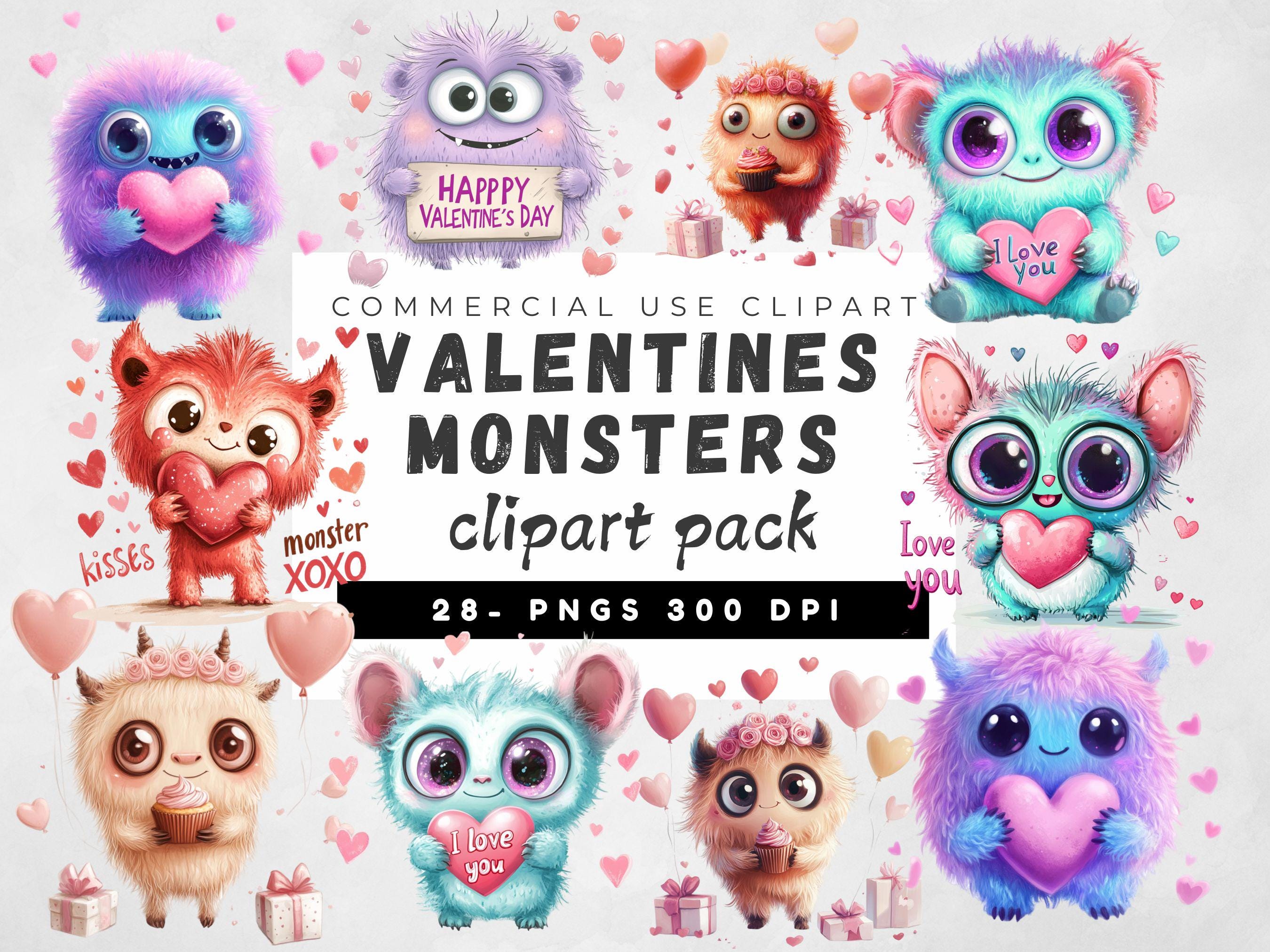 Valentines Monsters PNG Bundle, Watercolor Cute Cartoon Valentines ...