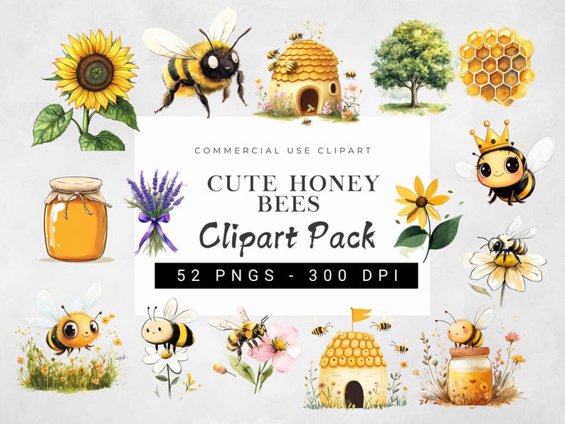 Honey Bee Clipart Bundle, Watercolor Honey Bee Png, Bumblebee Png ...