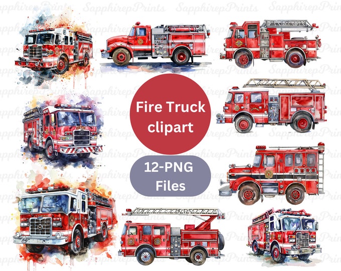 Watercolor Fire Truck Clipart | 10 Jpgs (digital Download) - Etsy Canada