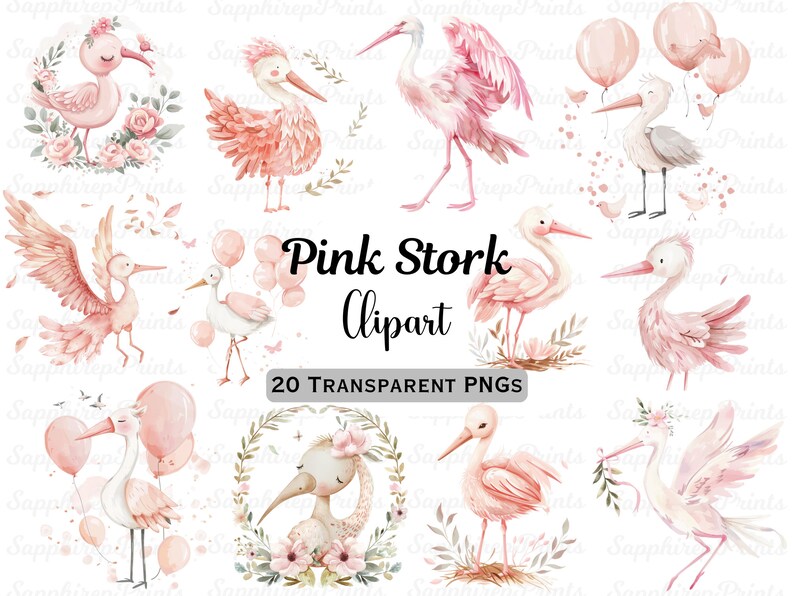 Pastel Pink Stork Clipart Bundle, 20 Transparent PNG Images, Adorable ...