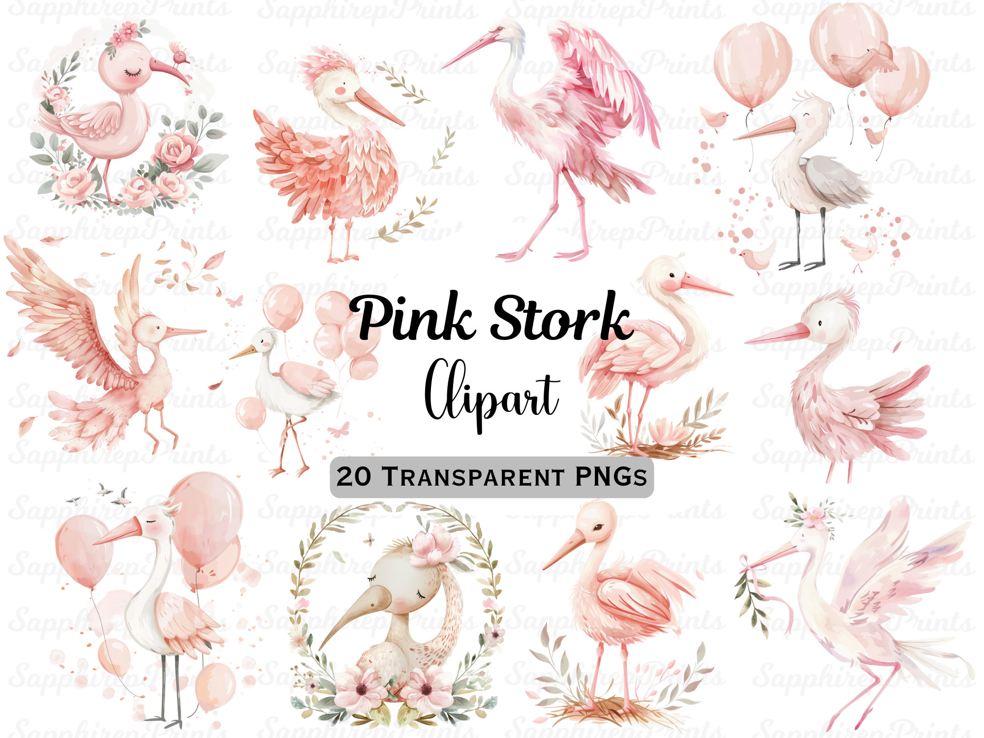 Pastel Pink Stork Clipart Bundle, 20 Transparent PNG Images, Adorable ...