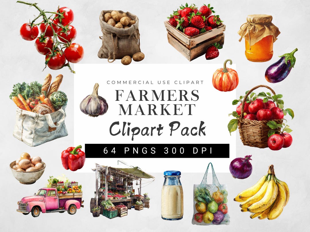 Watercolor Farmers Market Clipart Bundle, Fruit Vegetable Flower Stall ...