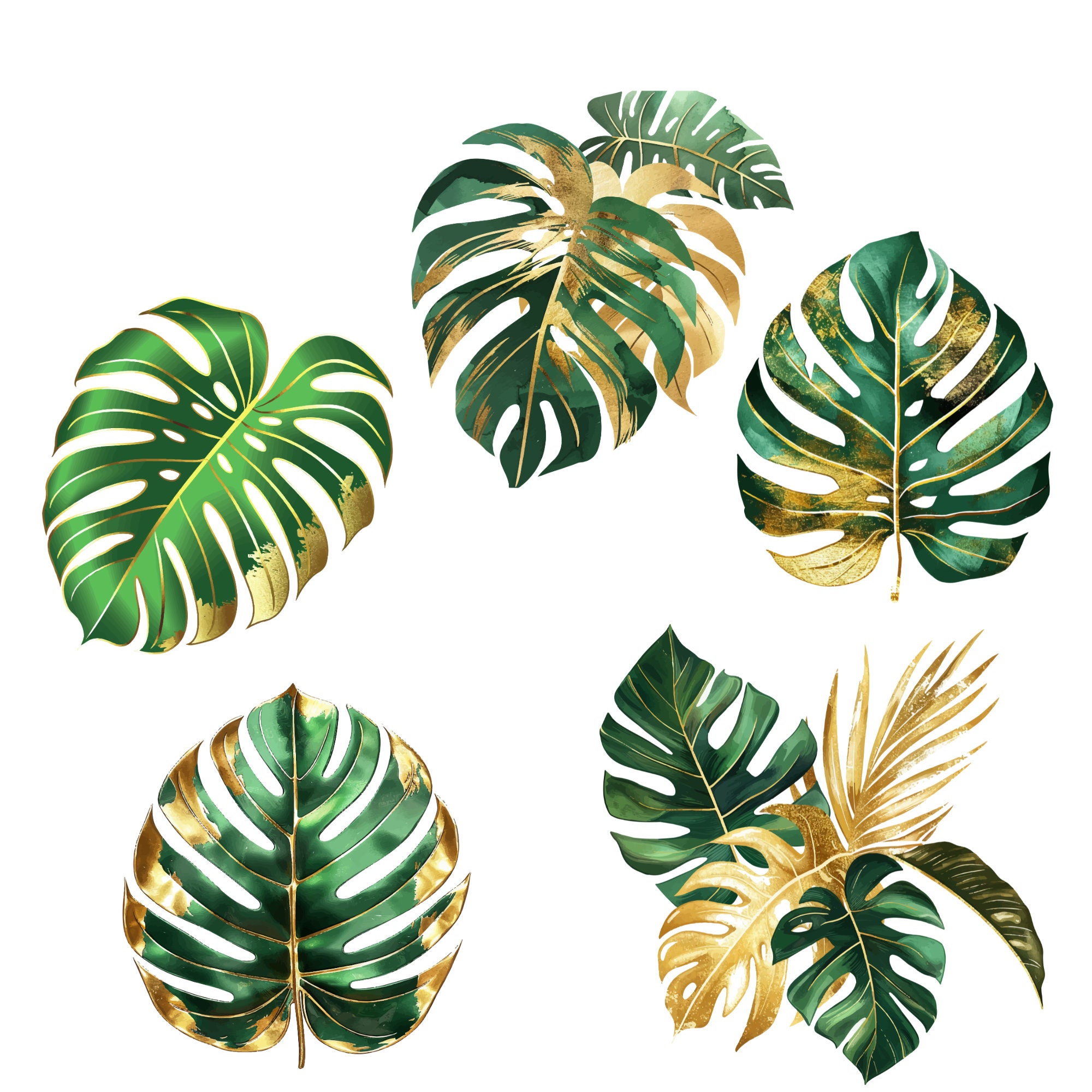 Green and Gold Tropical Leaves Clipart Bundle, Gold Foil Tropical Leaf ...