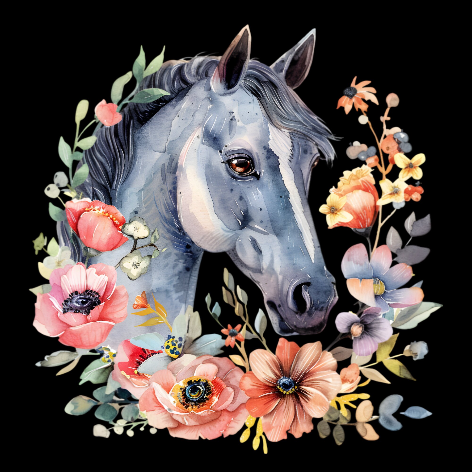 Watercolor Floral Horse Clipart Bundle, Equestrian Clipart, Floral ...