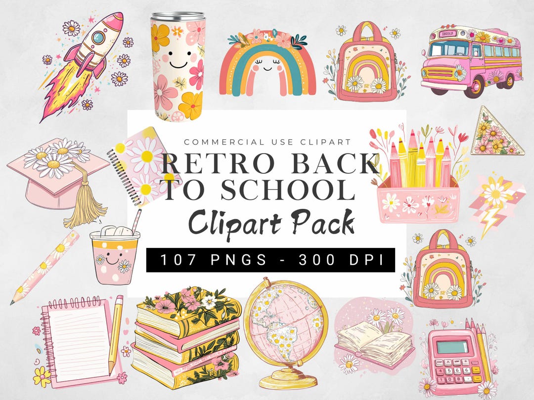 Retro Back to Schoolclipart Bundle, Back to School PNG, 107 School ...