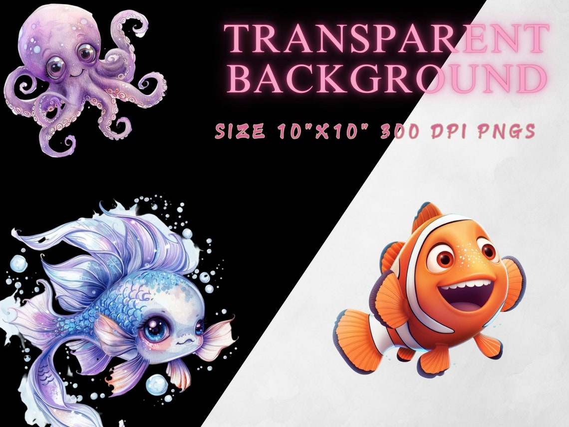 Watercolor Little Sea Animals Collection Clipart, 53 PNG Mermaid ...