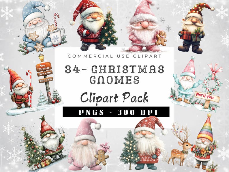 Christmas Gnome Clipart Bundle, Watercolor Winter Gnome Clipart Bundle ...