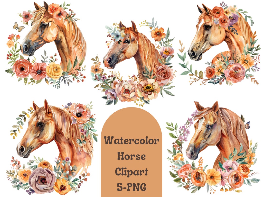 Watercolor Floral Horse Clipart Bundle, Equestrian Clipart, Floral ...