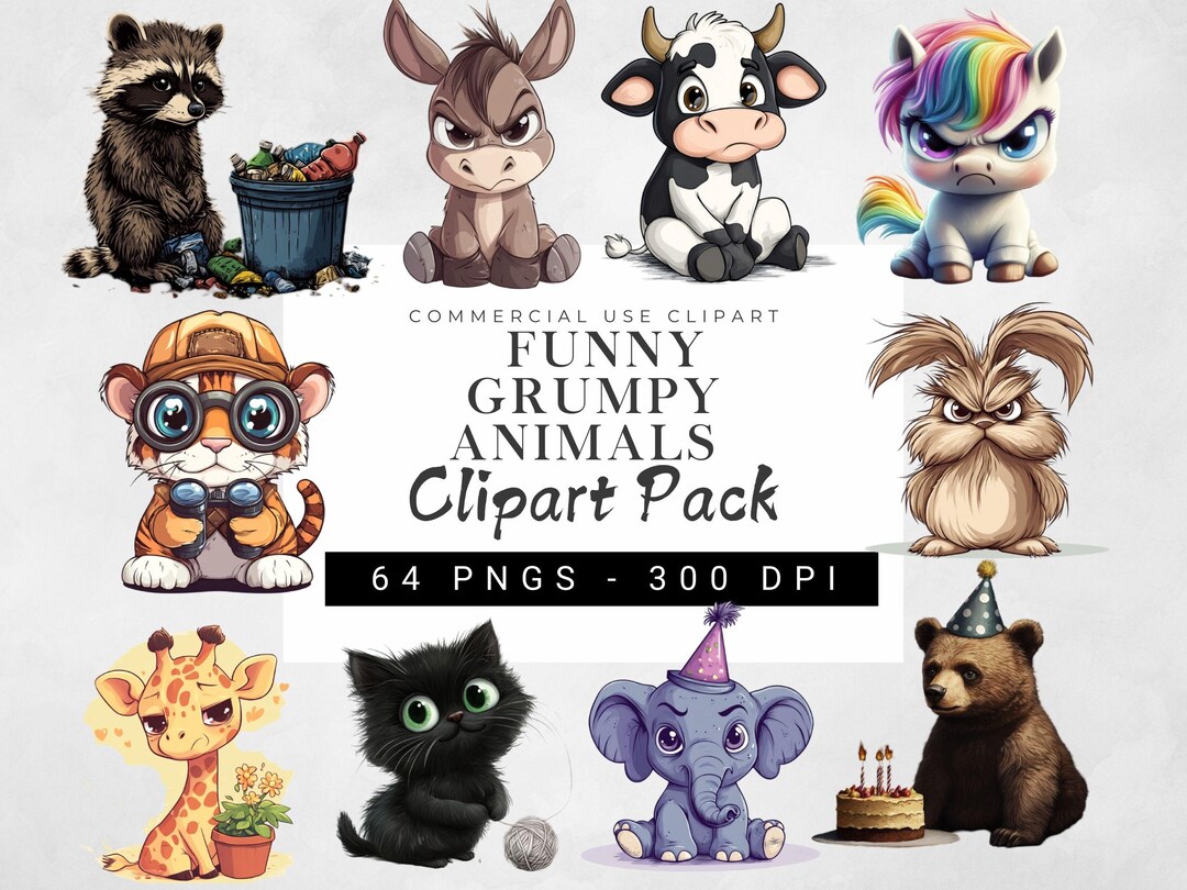 Watercolor Funny Grumpy Animals Clipart Bundle, Grumpy Zoo Sublimation ...