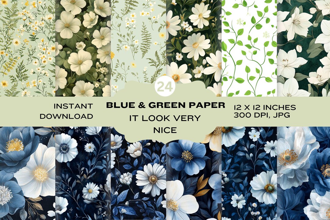 Blue and Green Floral Seamless Digital Papers, Blue Flower Scrapbook ...