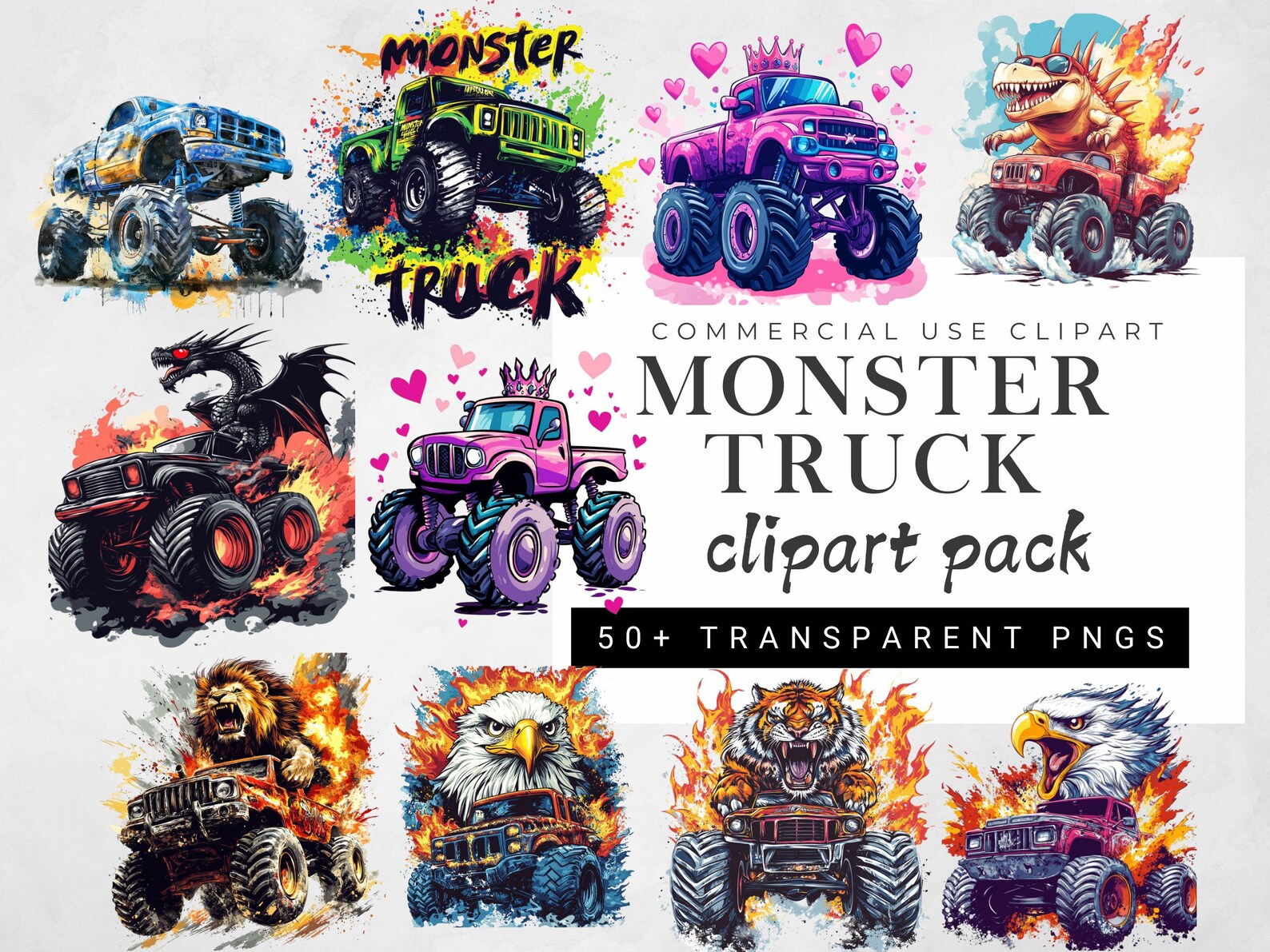 Watercolor Monster Truck Clipart, Monster Truck Png Bundle, Monster ...