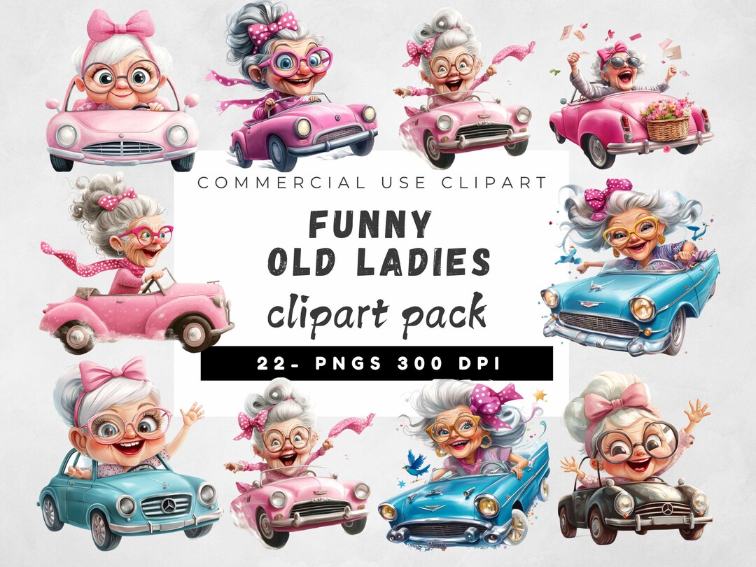 Funny Cute Old Ladies Clipart Bundle, Grandma Driver Clipart, Old ...