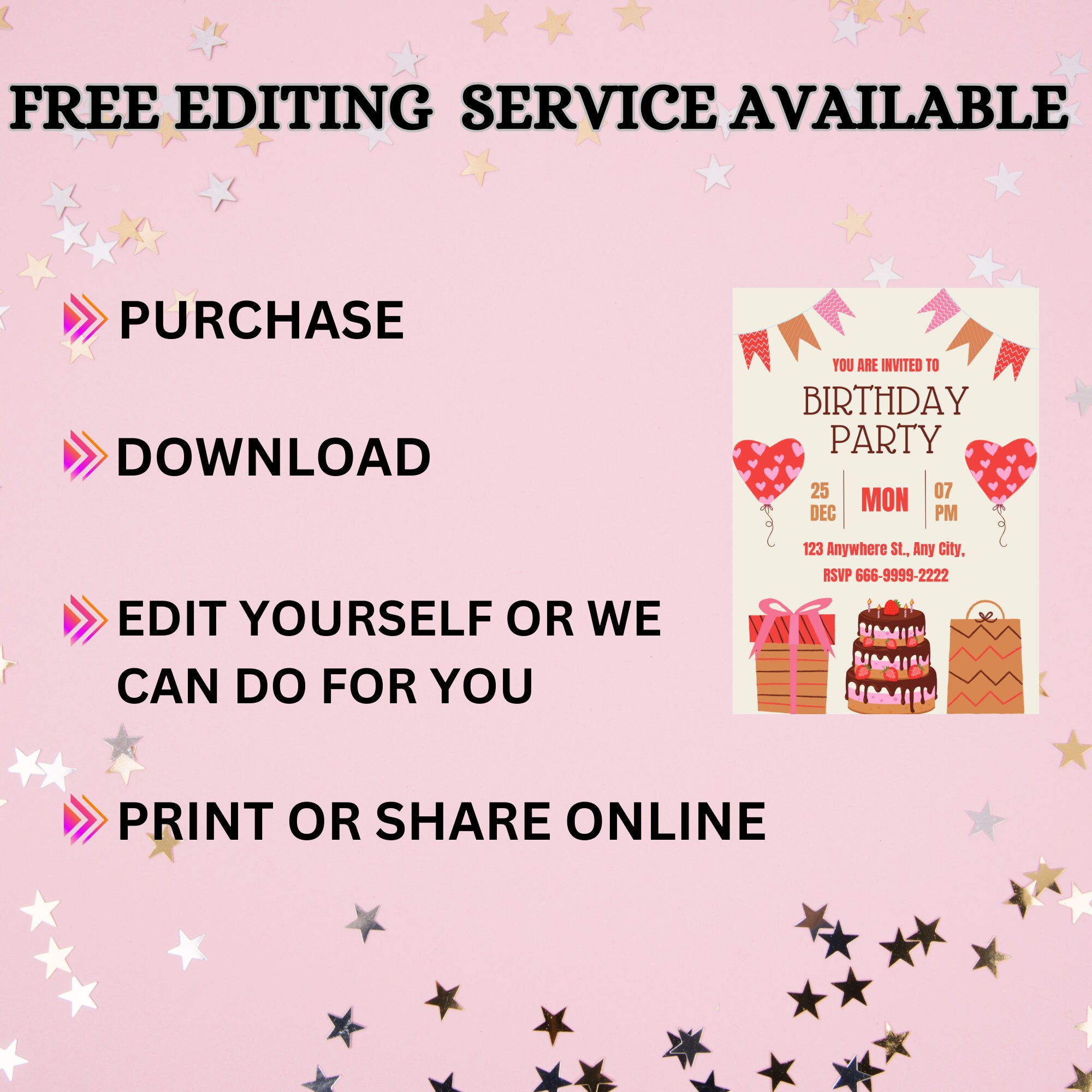 Editable Birthday Party Invitation Template, Printable Birthday Cake ...