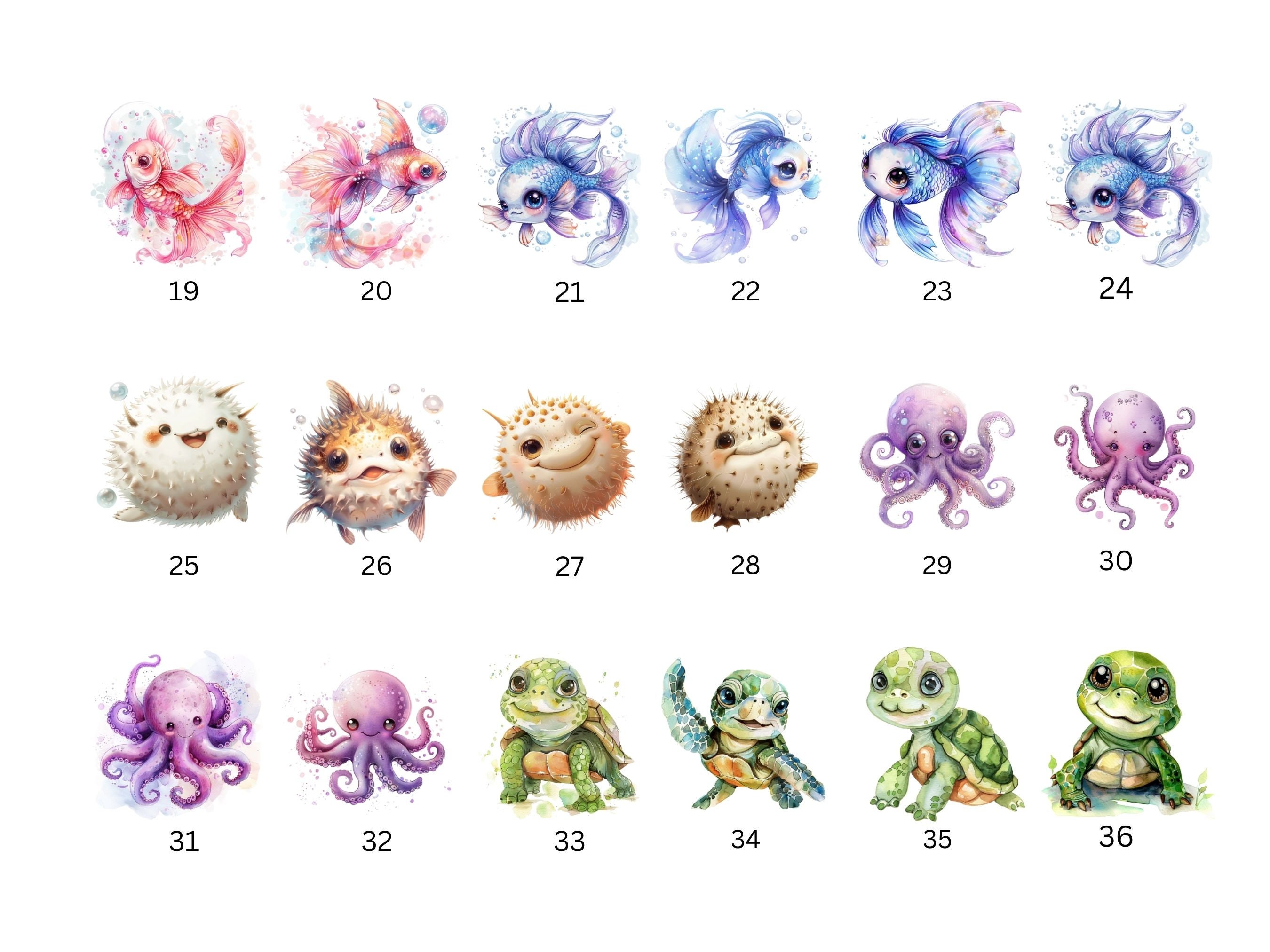Watercolor Little Sea Animals Collection Clipart, 53 PNG Mermaid ...