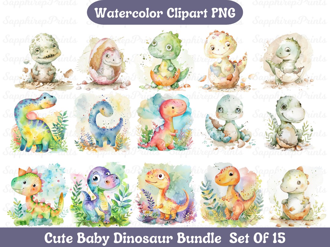 Watercolor Baby Dinosaur Clipart Bundle, Dinosaur Birthday Clipart ...