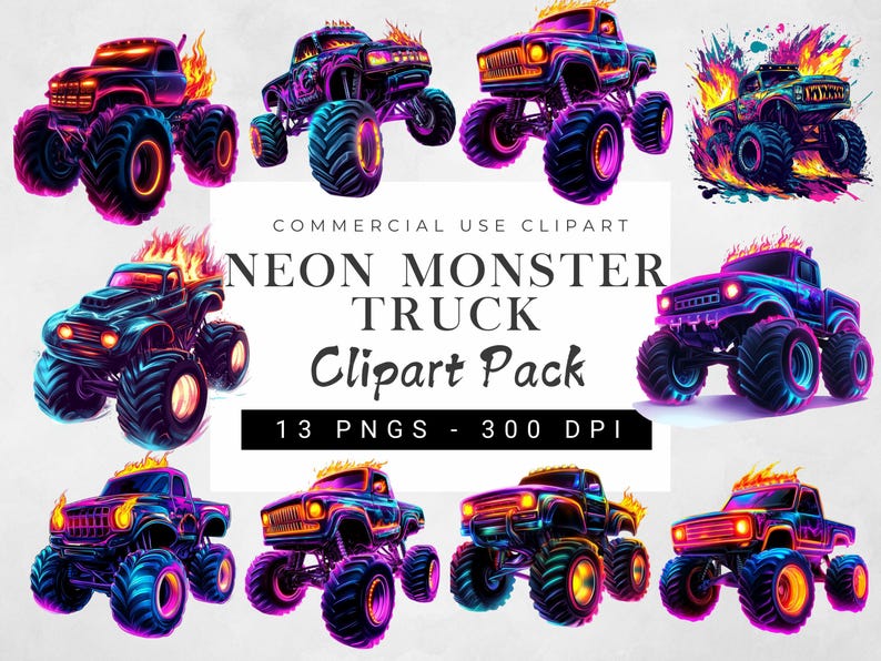 Neon Monster Truck Clipart, Monster Truck Png Bundle, Neon Monster ...