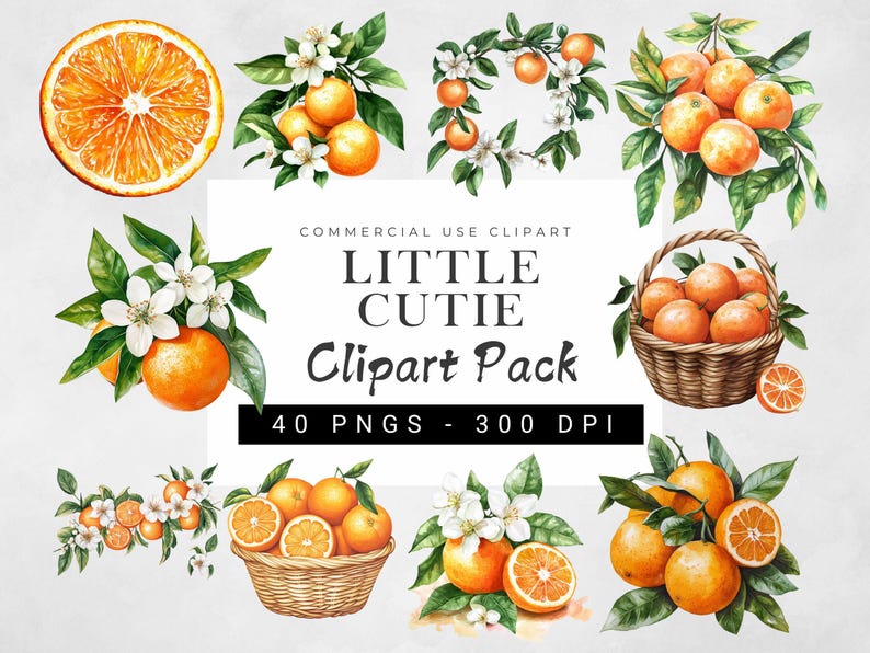 Little Cutie Clipart, Watercolor Orange With Greenery, Cute Citrus Baby ...
