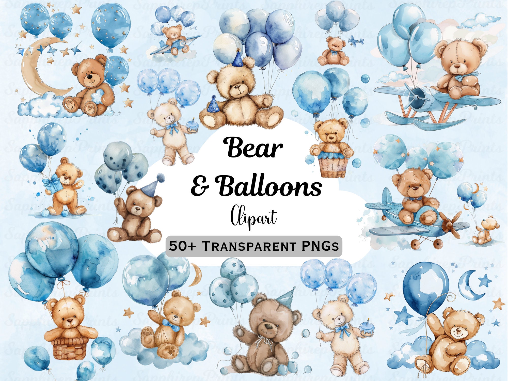 Teddy Bear and Blue Balloons Clipart Bundle, Baby Shower for A Boy ...
