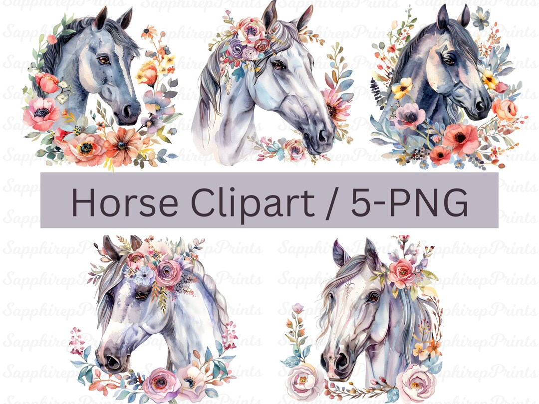 Watercolor Floral Horse Clipart Bundle, Equestrian Clipart, Floral ...