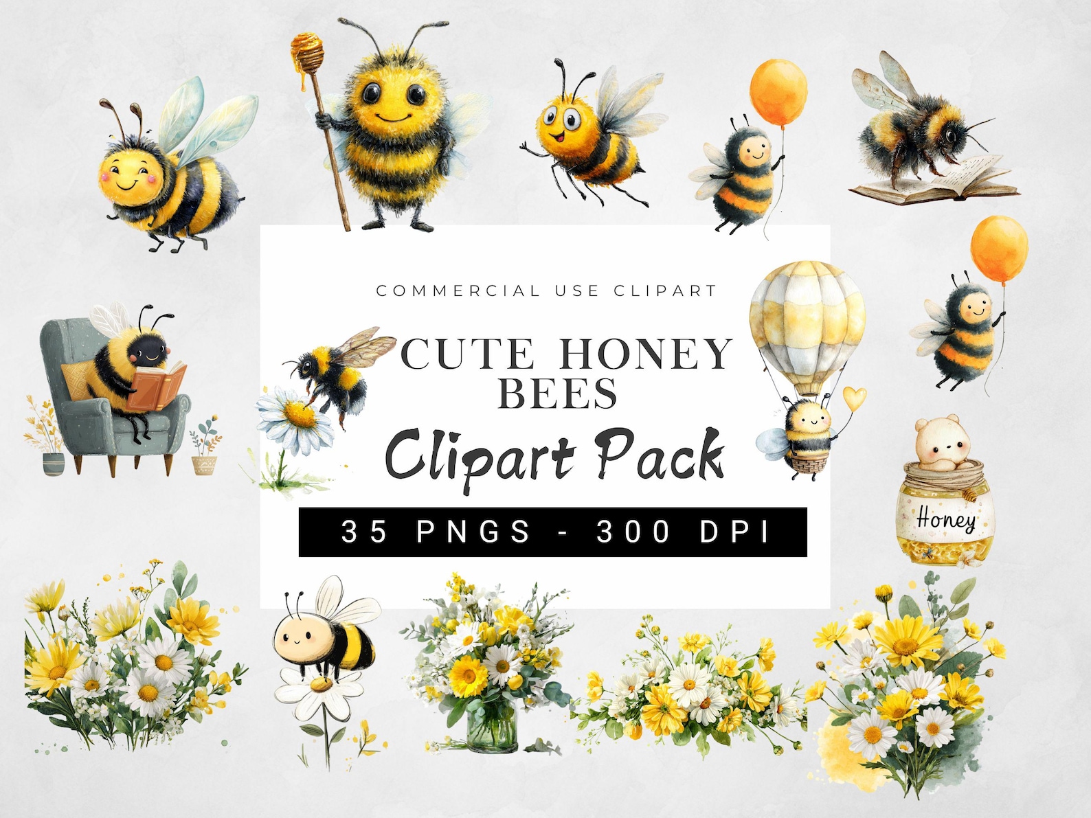 Honey Bee Clipart Bundle, Watercolor Honey Bee Png, Bumblebee Png ...