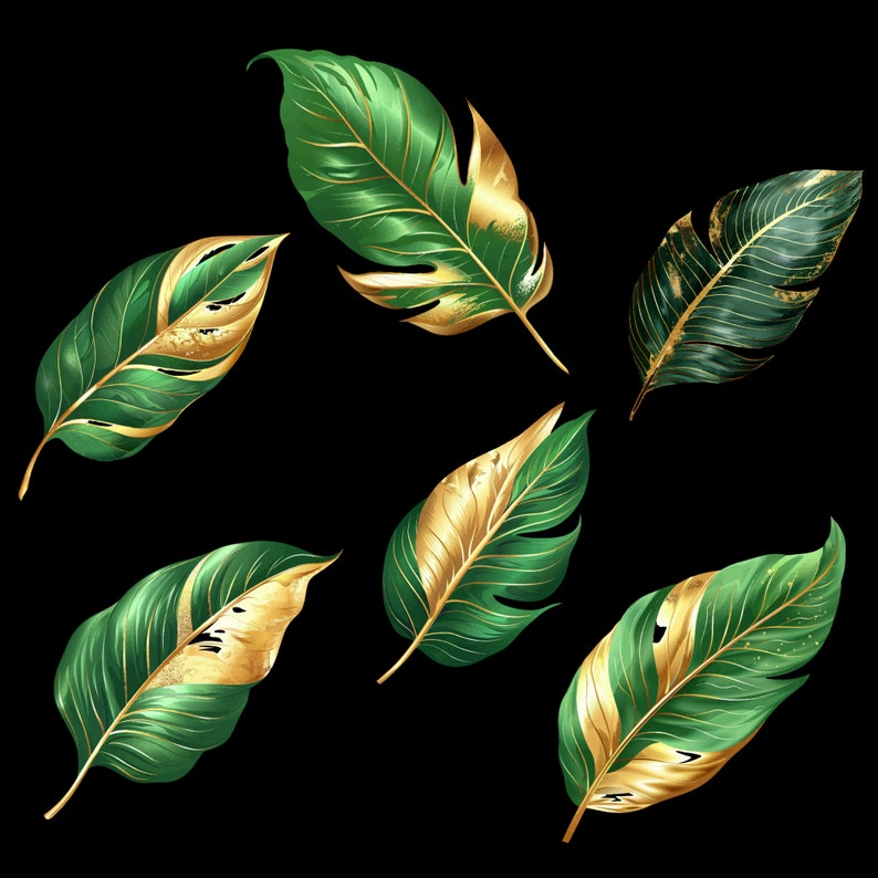 Green and Gold Tropical Leaves Clipart Bundle, Gold Foil Tropical Leaf ...