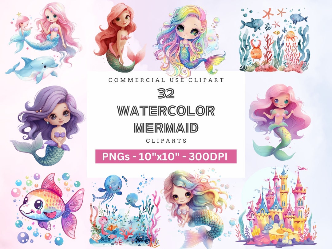 Watercolor Mermaid Clipart Bundle, Underwater Clipart, Ocean Animals ...