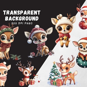 Cute Reindeer Clipart Bundle, Christmas Deer PNG, Watercolor Santa ...