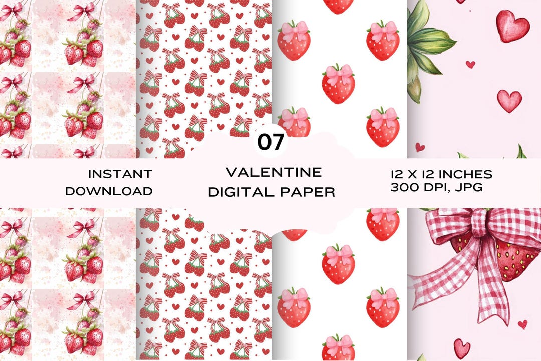 Coquette Strawberry Valentine Digital Paper, Seamless Printable ...