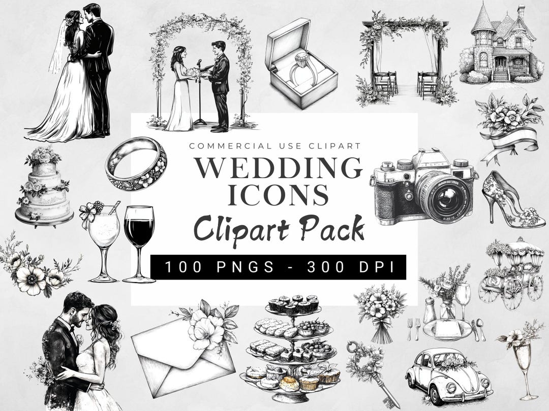 Wedding Icon Clip Art Bundle, 100 Wedding Elements PNG, Wedding ...