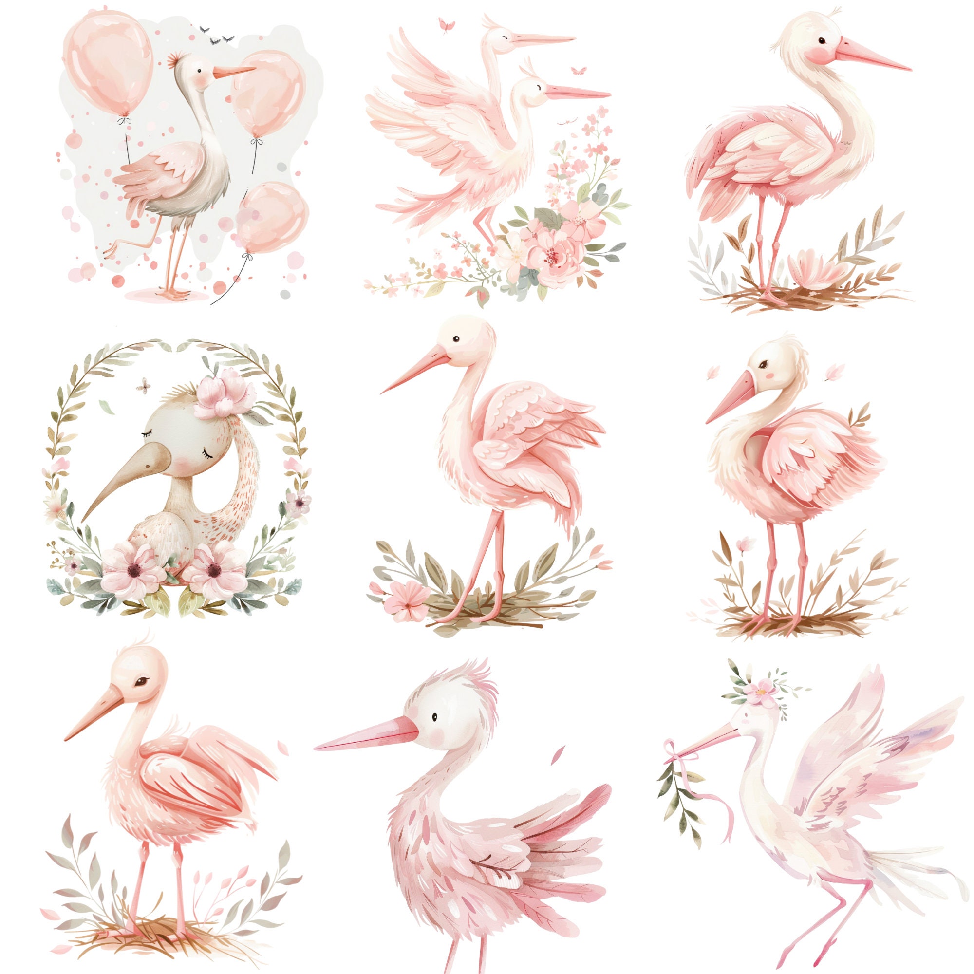 Pastel Pink Stork Clipart Bundle, 20 Transparent PNG Images, Adorable ...