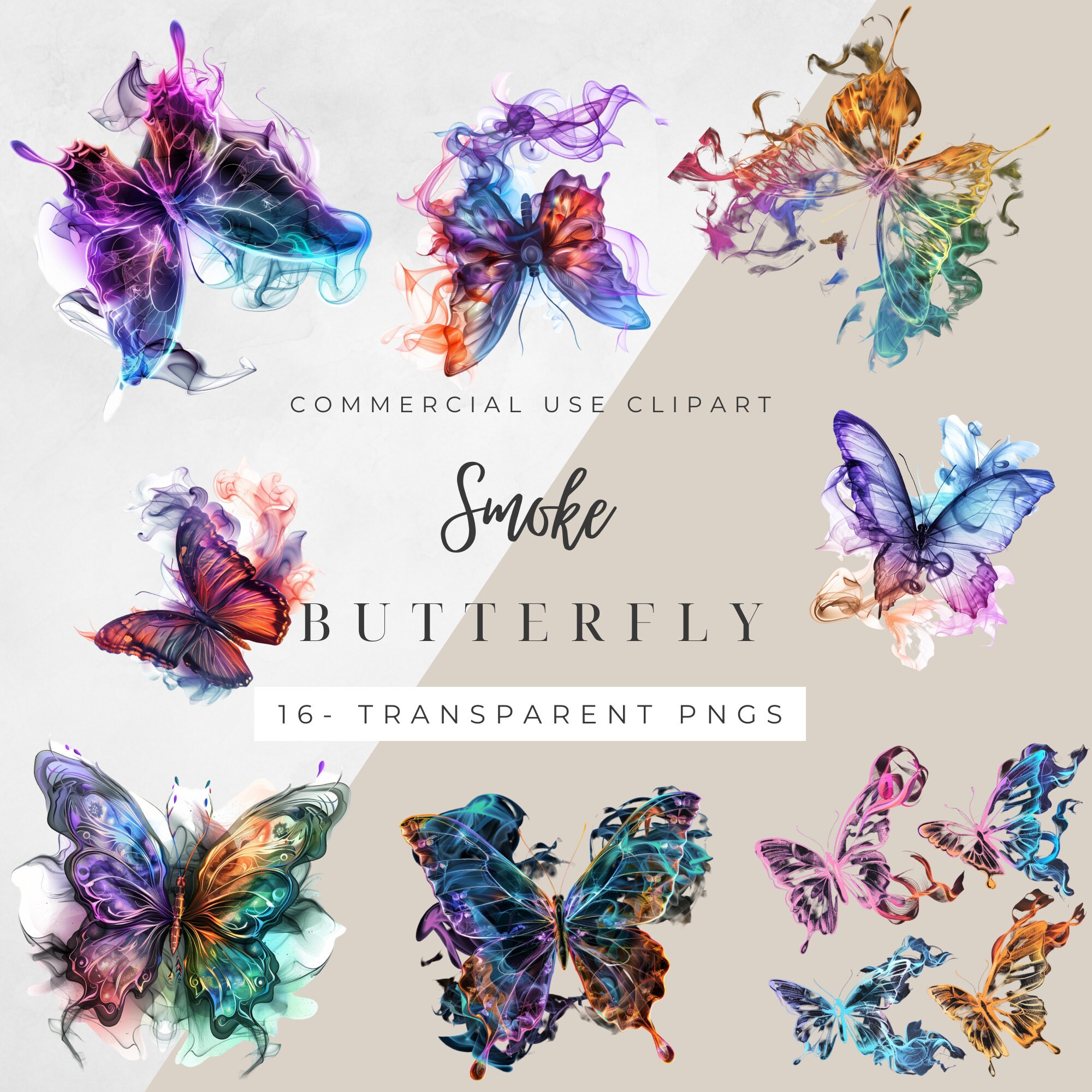 Smoke Butterfly Clipart, 12 Vibrant Smoke Butterfly Clipart Bundle ...