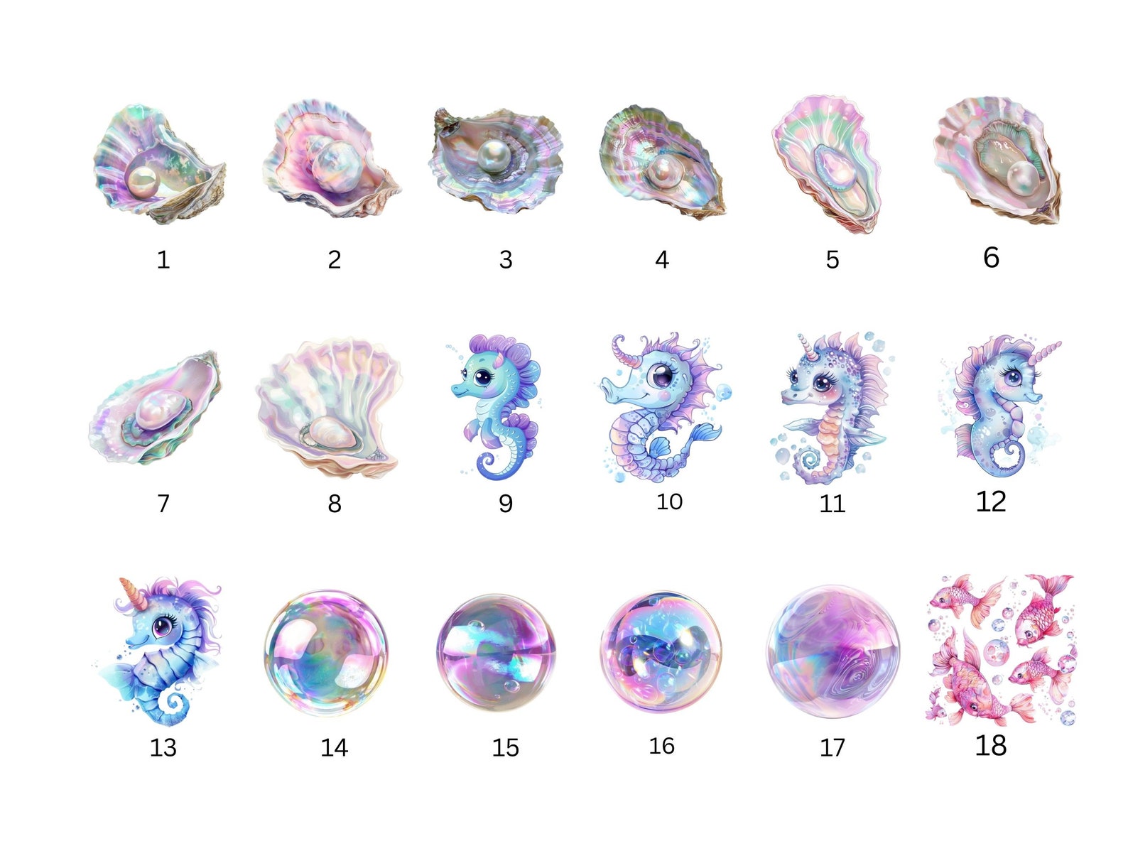 Watercolor Little Sea Animals Collection Clipart, 53 PNG Mermaid ...