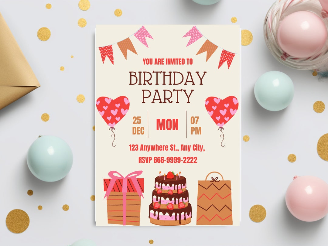 Editable Birthday Party Invitation Template, Printable Birthday Cake ...