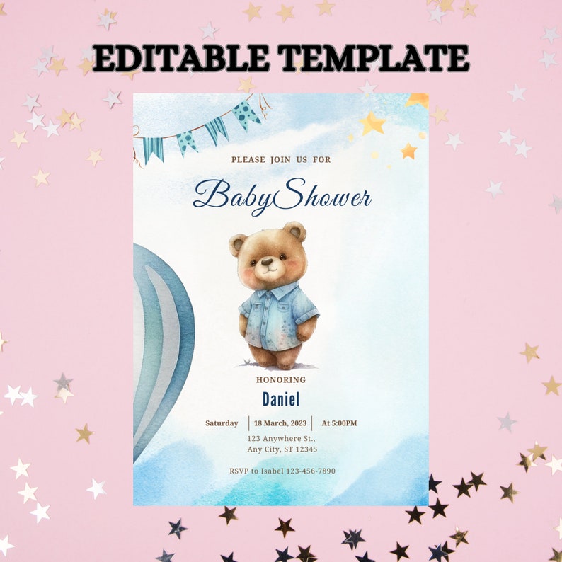 EDITABLE Teddy Bear Baby Shower Invitation Template Editable - Etsy