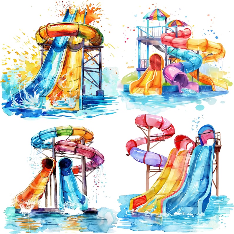 Watercolor Water Slide Clipart Bundle, Watercolor Waterslide Png, Water ...