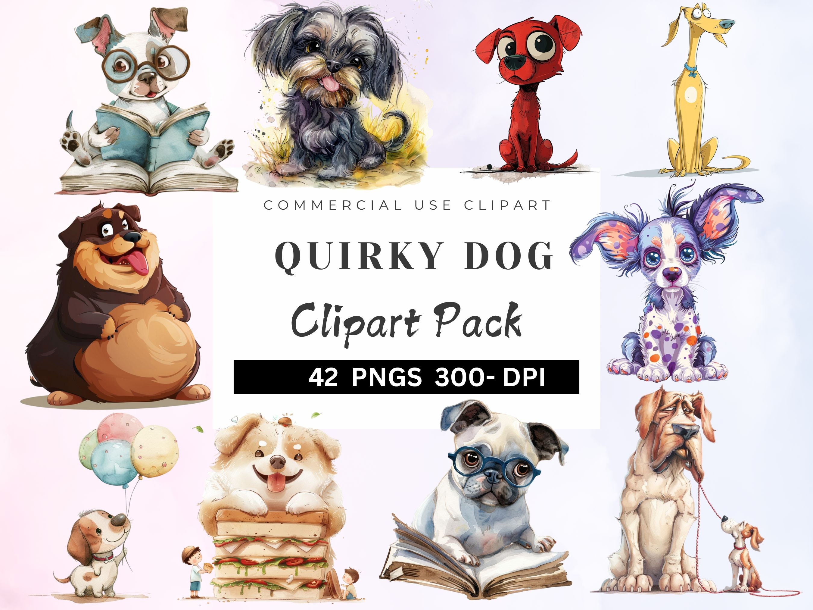Quirky Dog Clipart PNG Bundle, Whimsical Dogs Art, Animal Puppy PNG ...