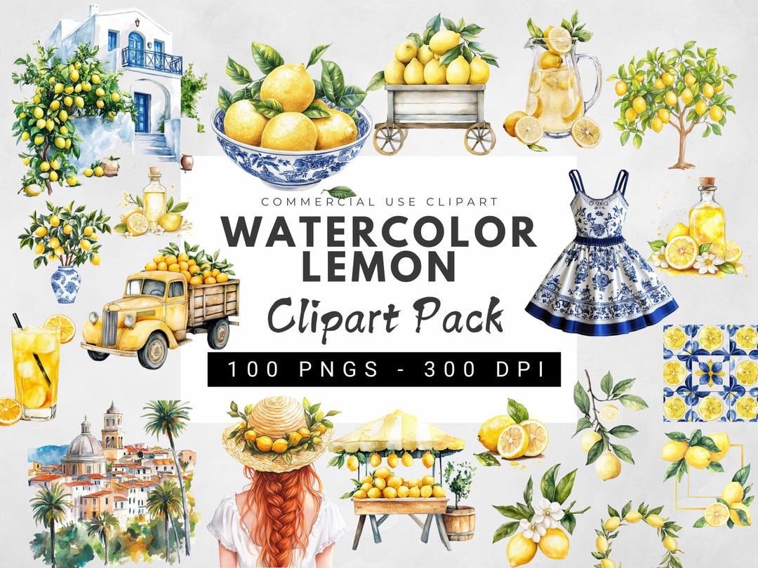 Watercolor Lemon Clipart Bundle, Lemon Graphics Illustration ...