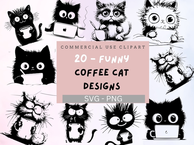 Funny Coffee Cat Svg Clipart Bundle, Cat Drinking Coffee Svg, Funny Cat ...