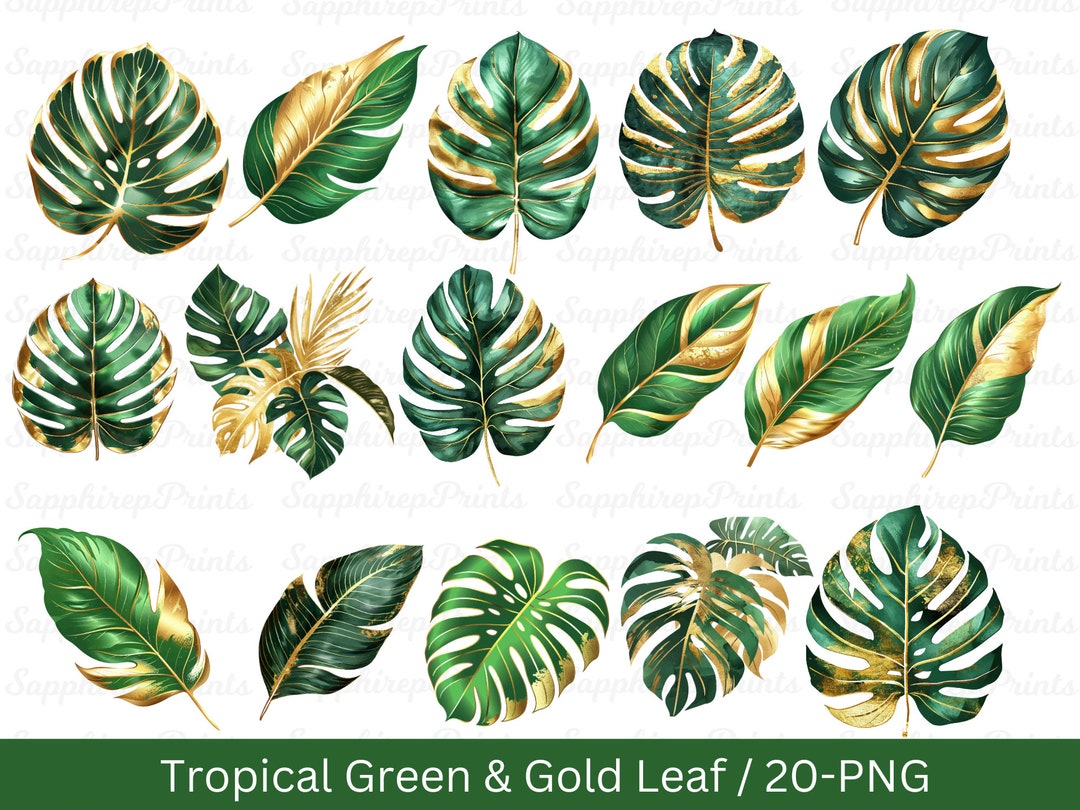 Green and Gold Tropical Leaves Clipart Bundle, Gold Foil Tropical Leaf ...