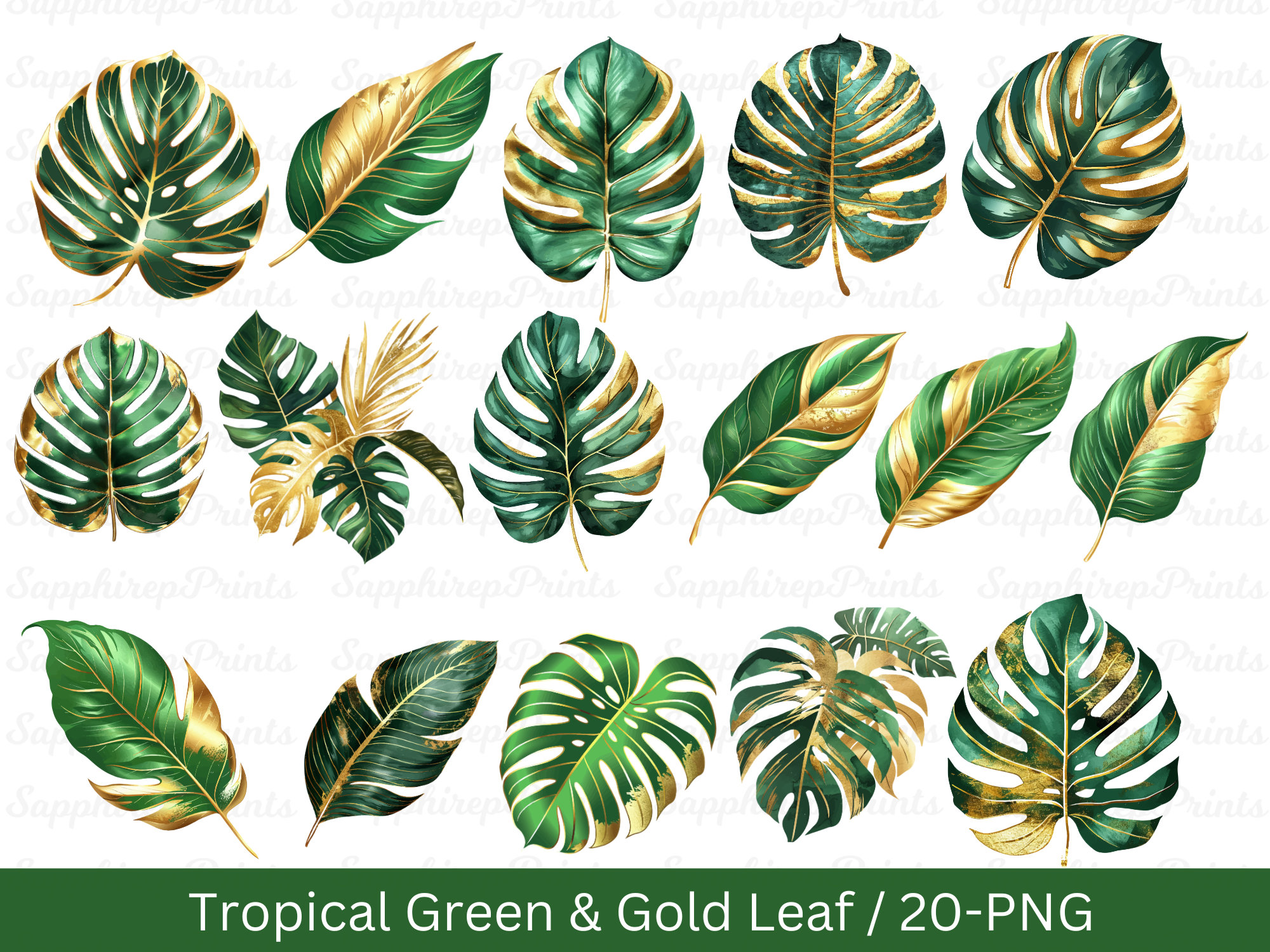 Green and Gold Tropical Leaves Clipart Bundle, Gold Foil Tropical Leaf ...